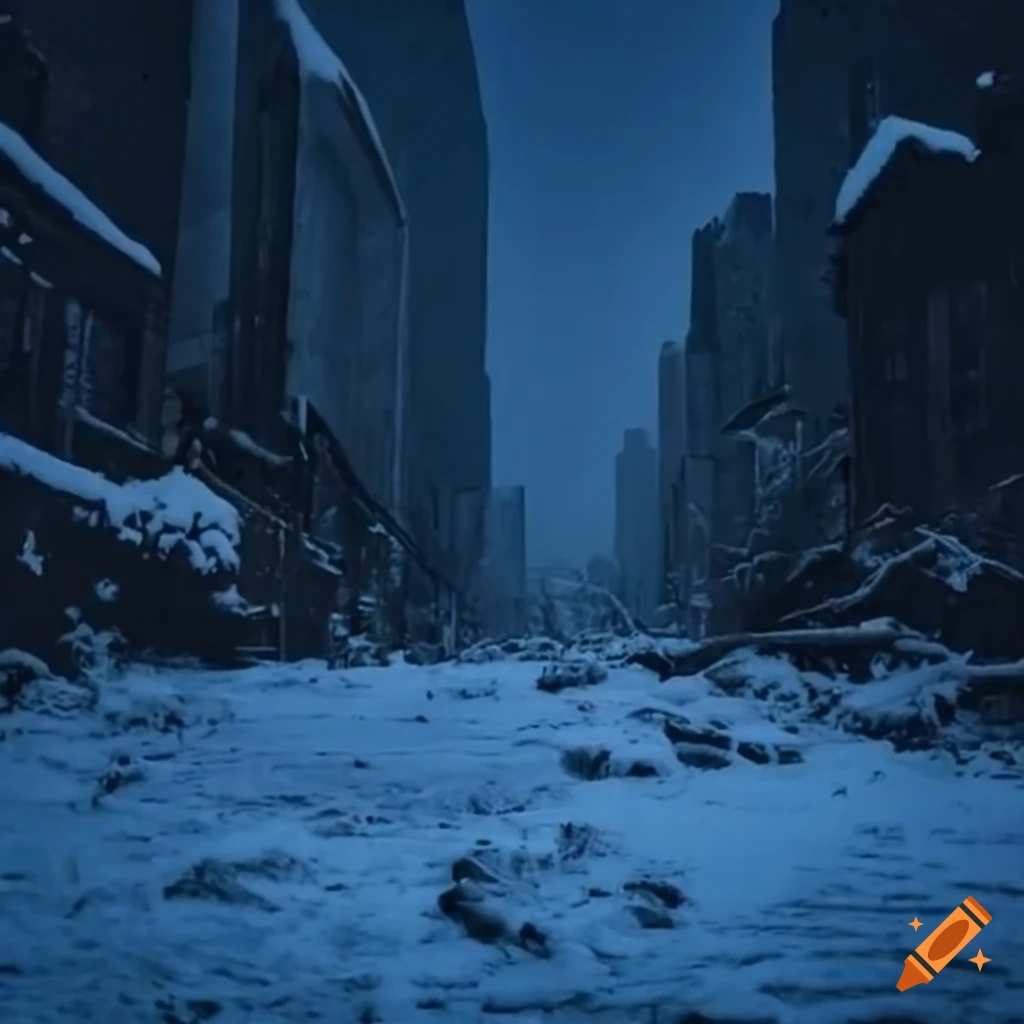 Snow-covered abandoned city on Craiyon