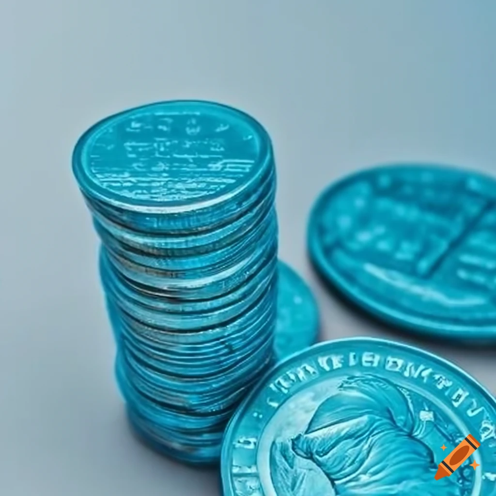 Stack of oversized sky blue metal coins on Craiyon