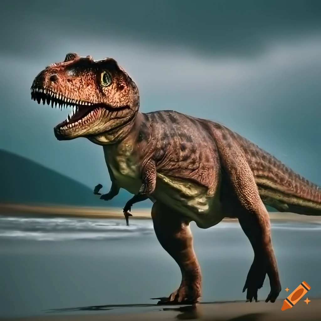 Paleoart of an Allosaurus walking on the British Columbia coast on Craiyon