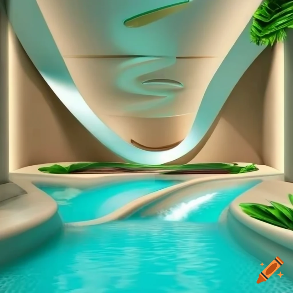 Surreal spa interior with pools and waterfalls on Craiyon