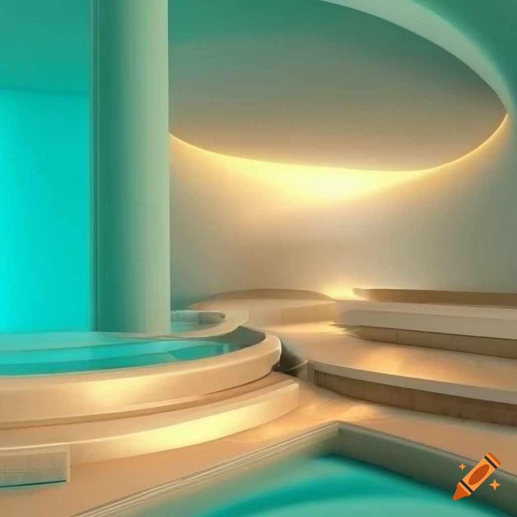 3D rendered surreal spa interior with pools and waterfalls on Craiyon