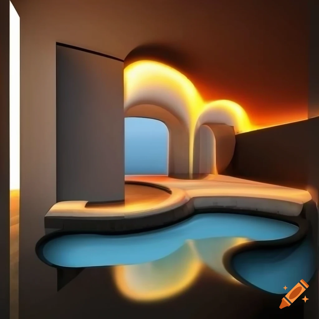 Surreal 3D rendering of a spa with waterfalls and flowing shapes on Craiyon