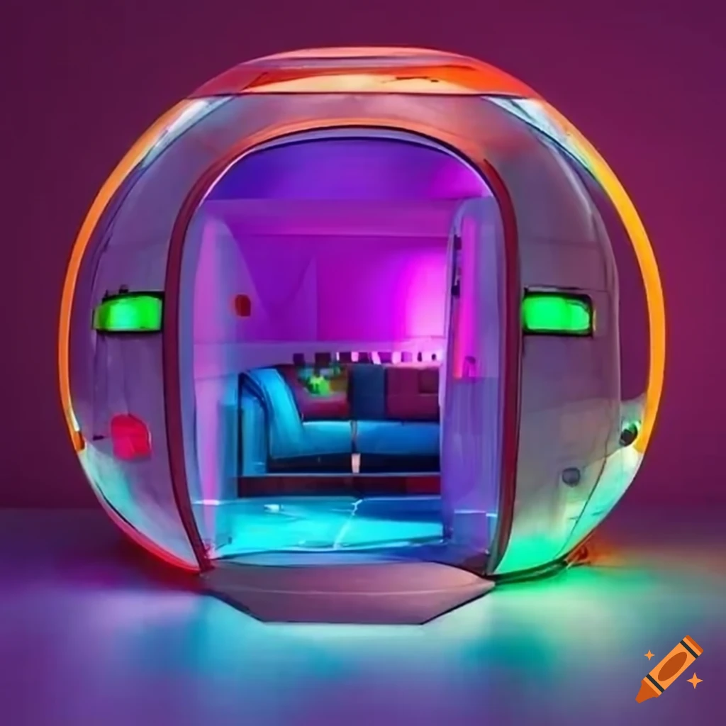 Retro futuristic space colony structures with colored glass on Craiyon