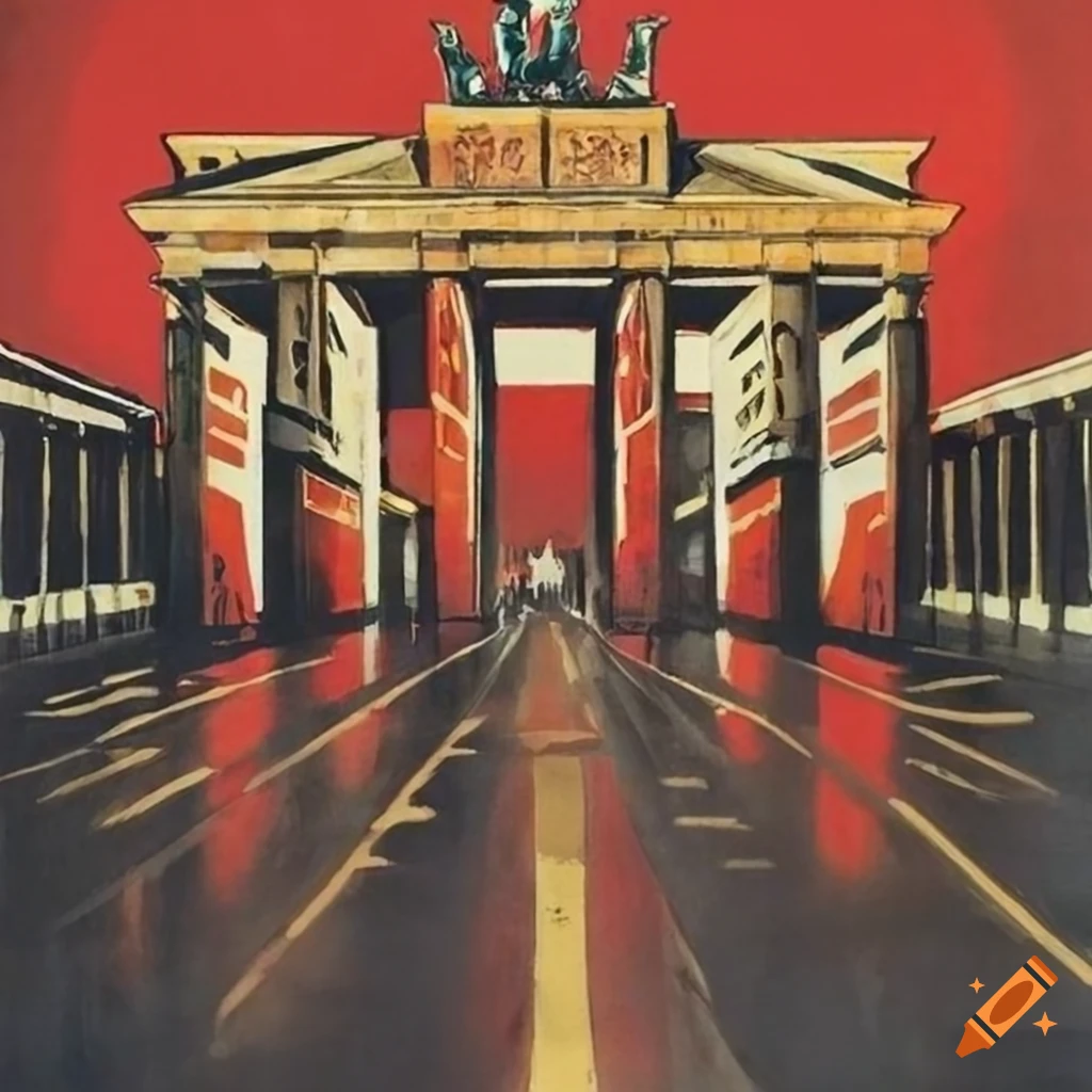 Red, gold and black painting of the brandenburg gate in a soviet era ...