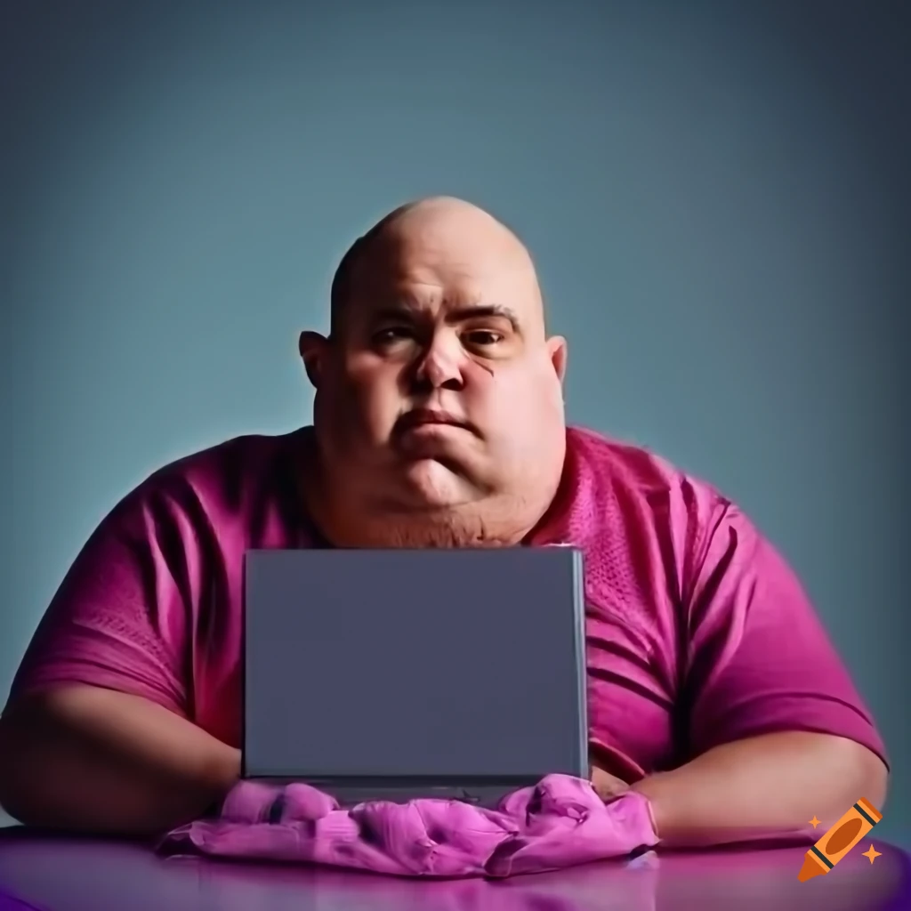 Photo of a man sitting at a pink computer with a network diagram on ...