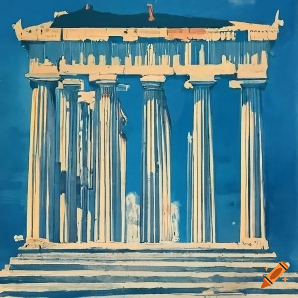 Blue and white propaganda-style painting of the parthenon
