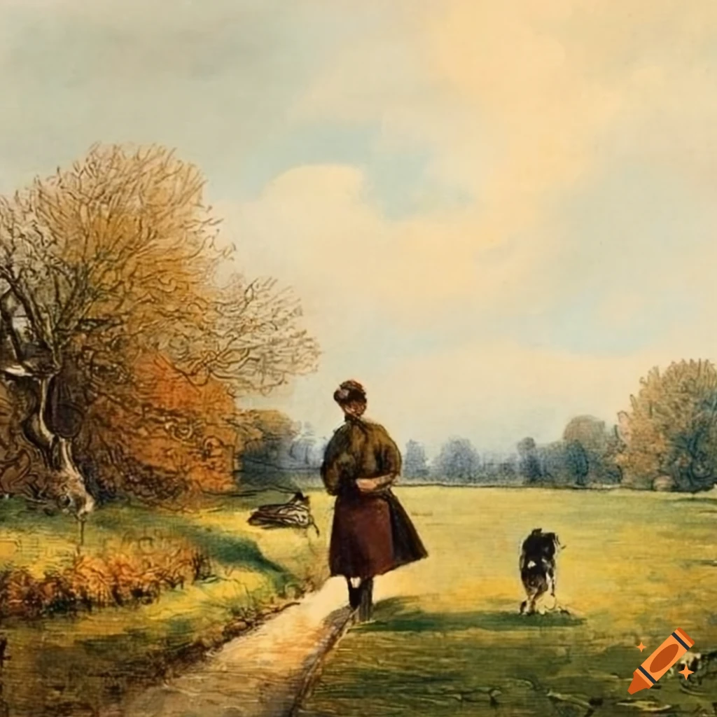 Vintage illustration of a person walking with a dog in the countryside ...