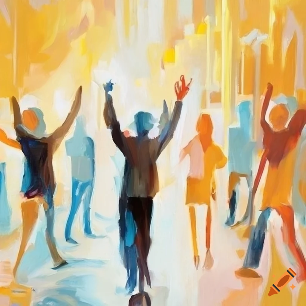 Painting of joyful gathering in a hall on Craiyon