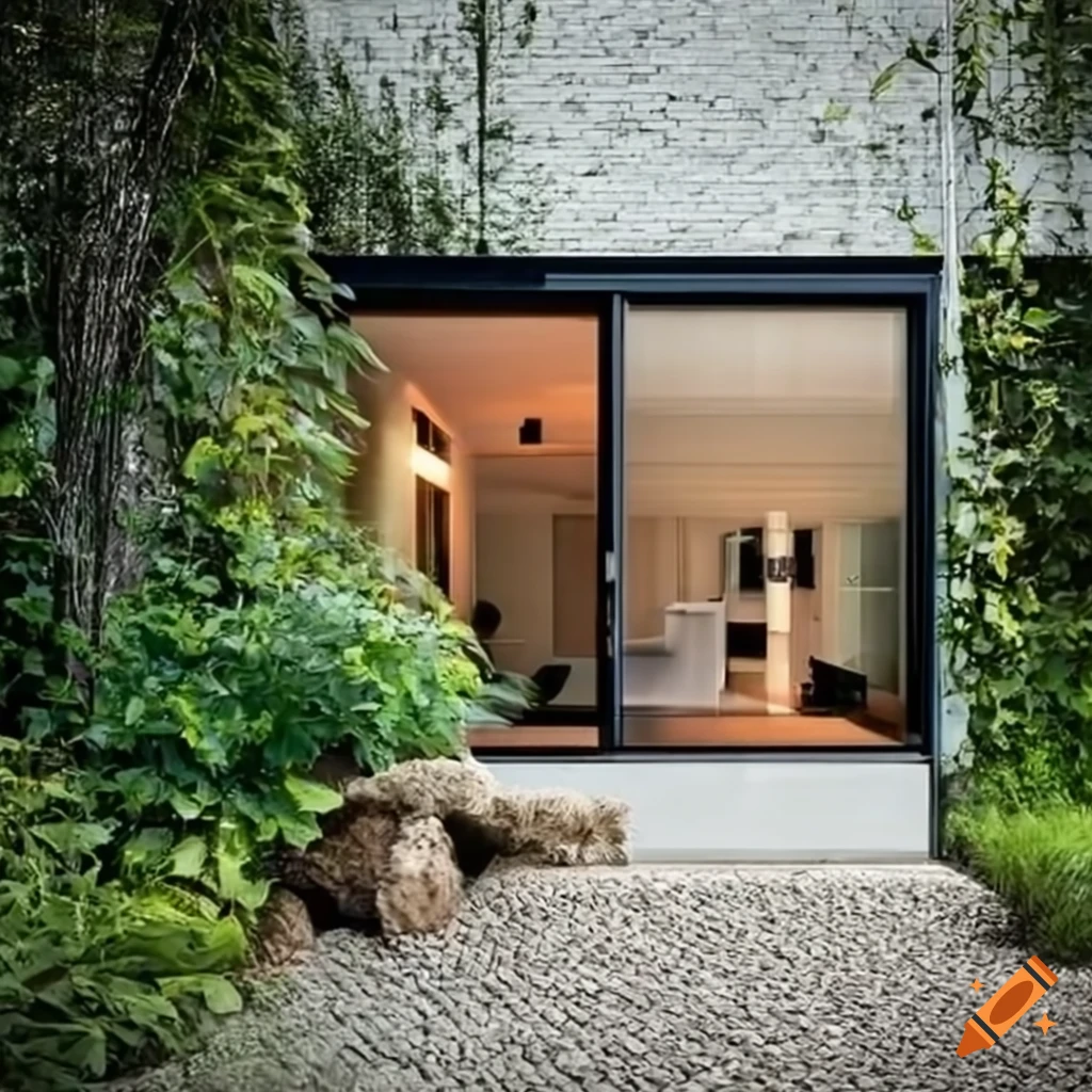 Sleek sliding glass doors leading to a summer garden on Craiyon