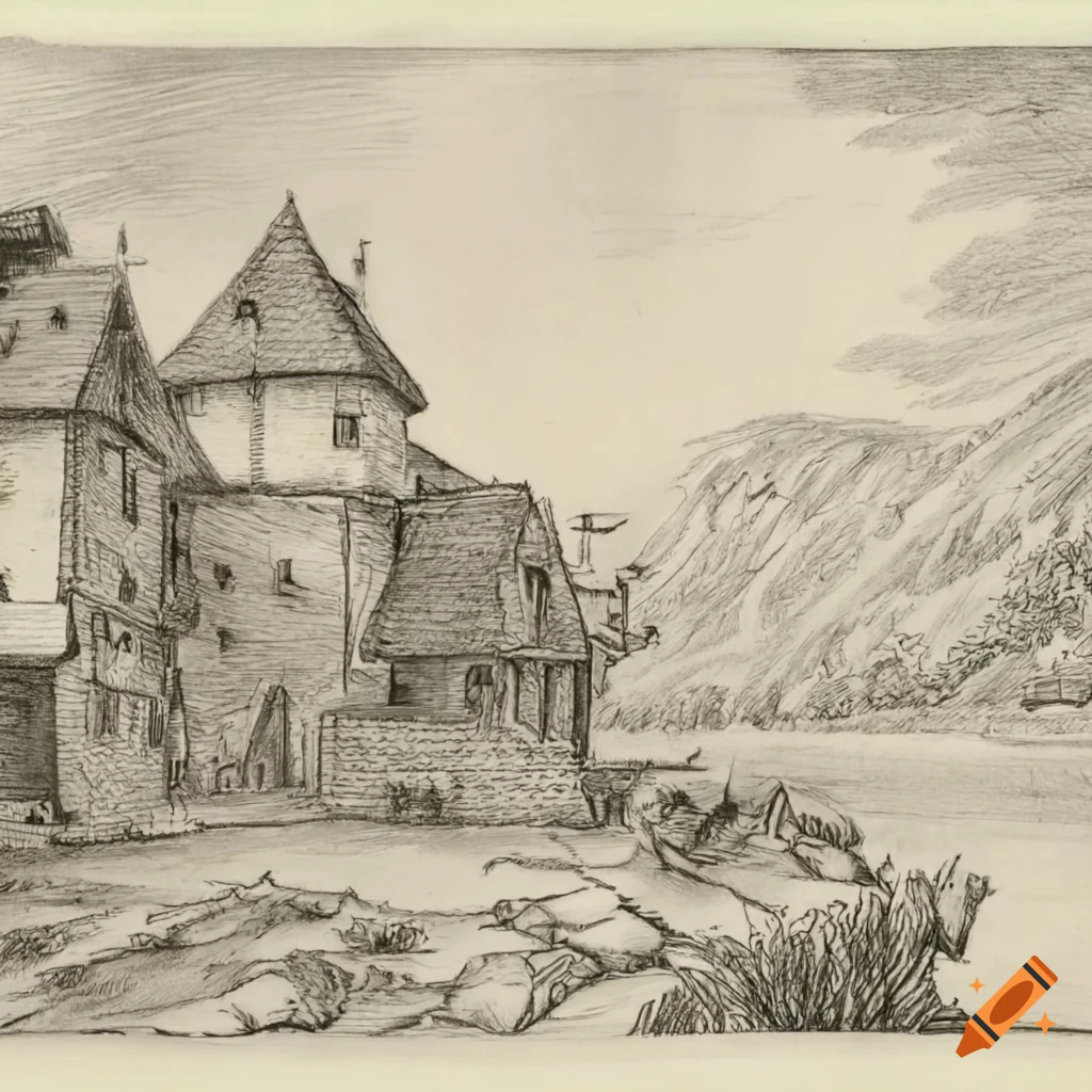 Pencil drawing of a medieval town with a forest and a lake on Craiyon