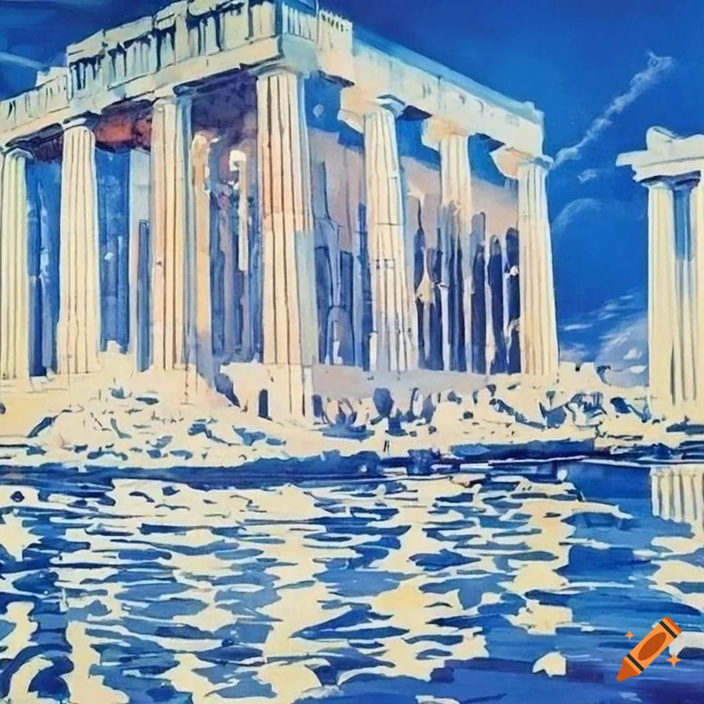 Blue and white soviet era propaganda poster of the parthenon