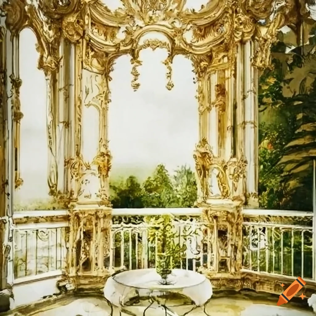 A tranquil Victorian garden with a golden rococo balcony on Craiyon