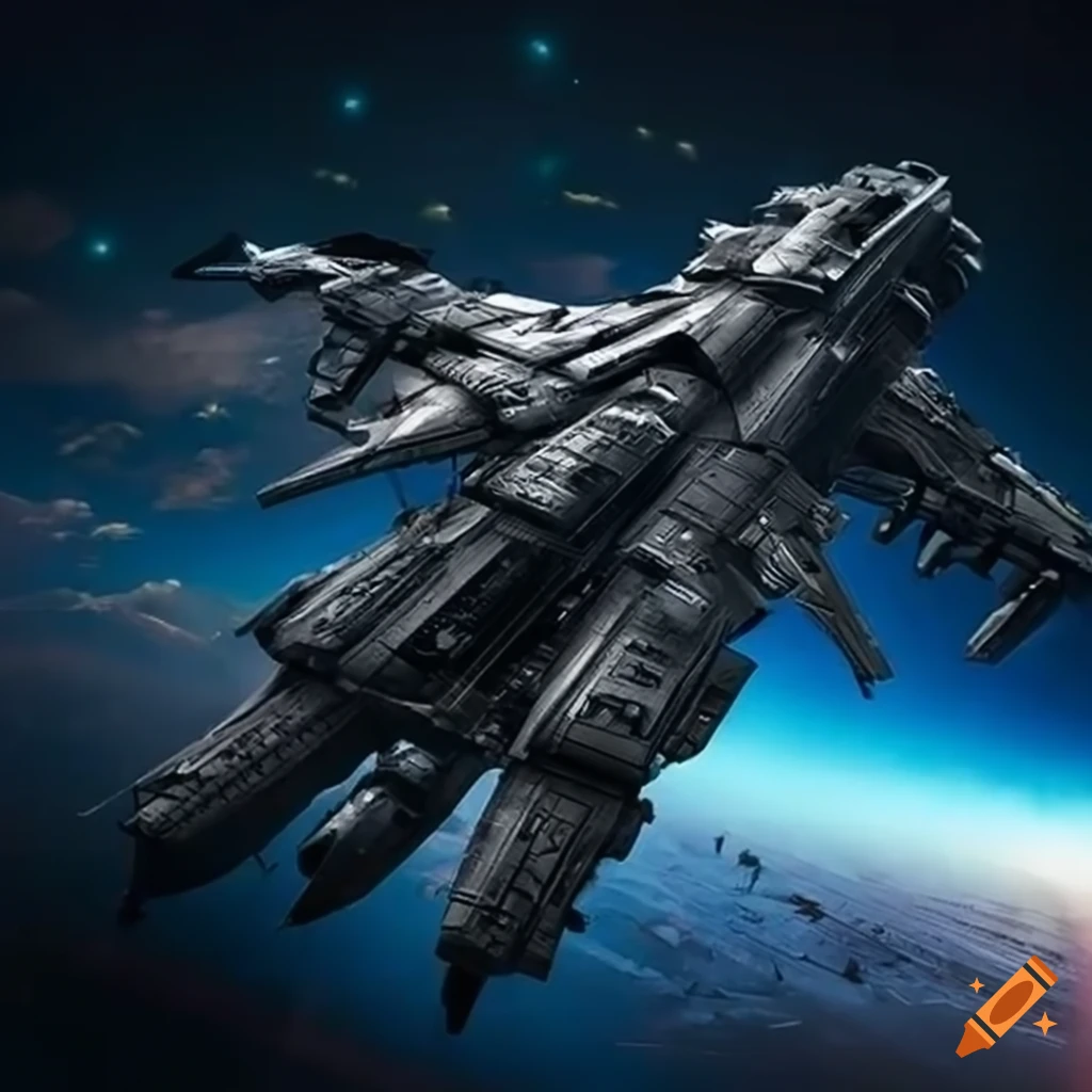 Military spaceship engaged in an epic space battle on Craiyon