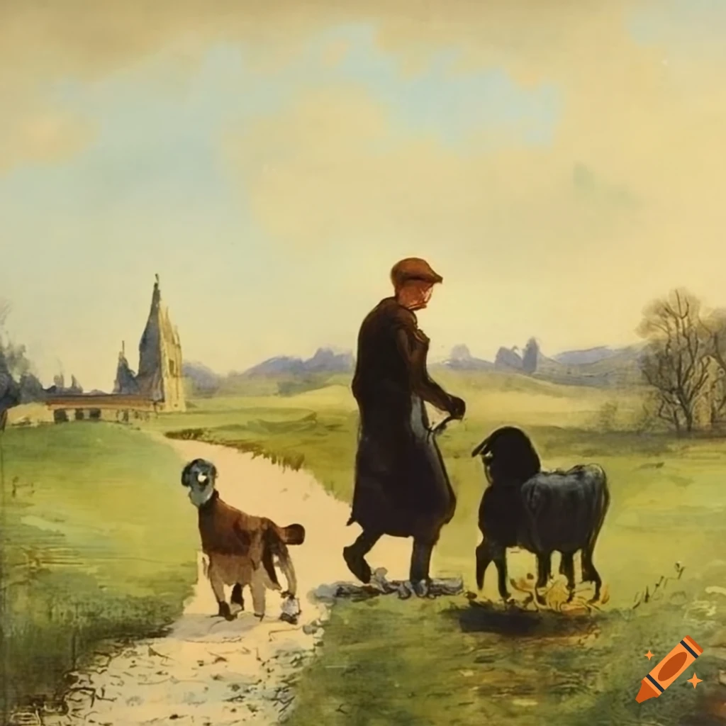 Vintage drawing of a person walking in the countryside with a dog on ...