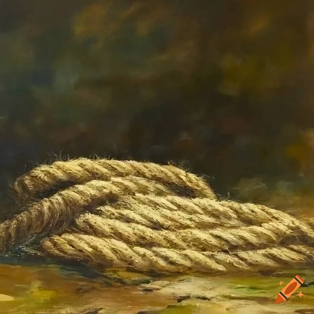 Oil painting of a long rope on stone ground on Craiyon