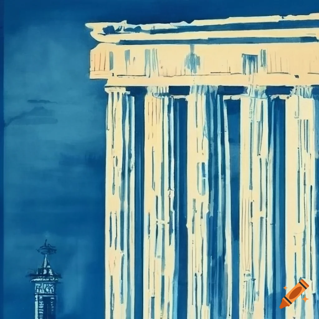 Blue and white propaganda postcard of the parthenon on Craiyon