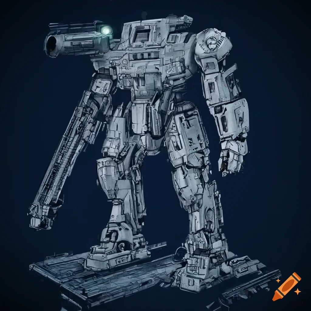 Realistic blueprint of a heavy mecha with railgun and laser canon on ...