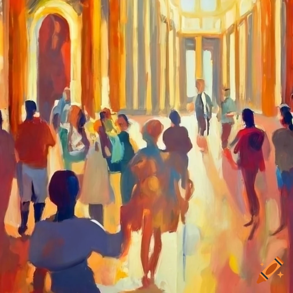 Painting of people gathering in a hall on Craiyon