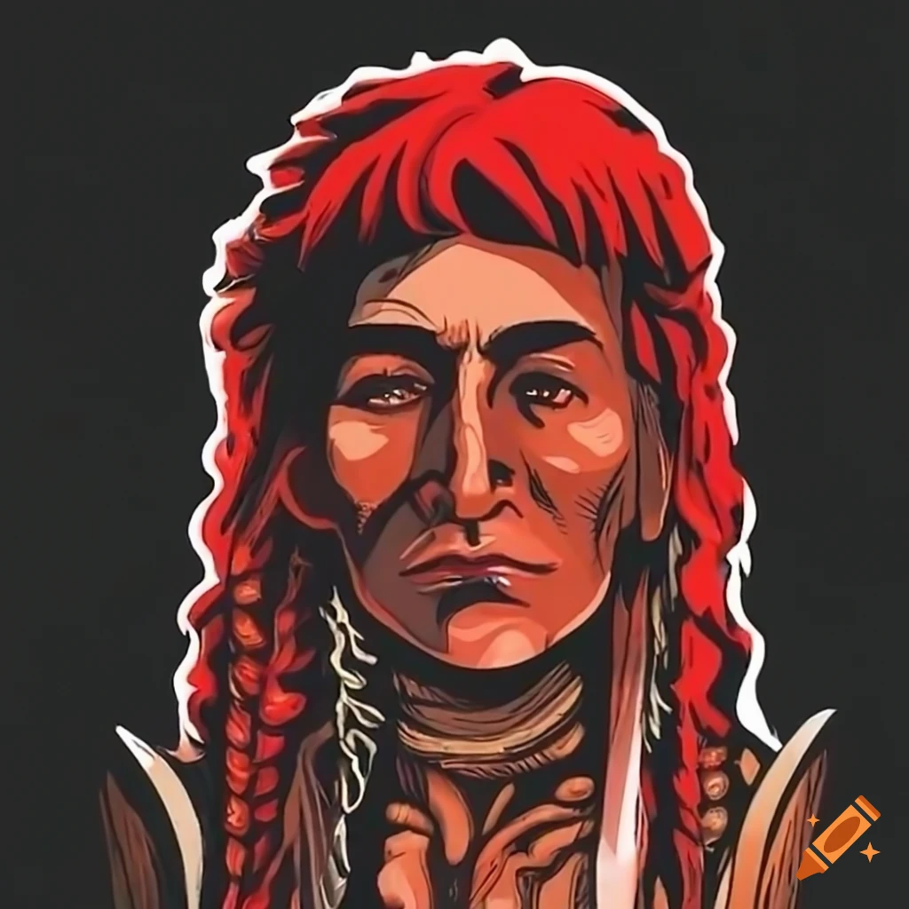 Portrait of a young Mescalero Apache with red hair and feathers on Craiyon