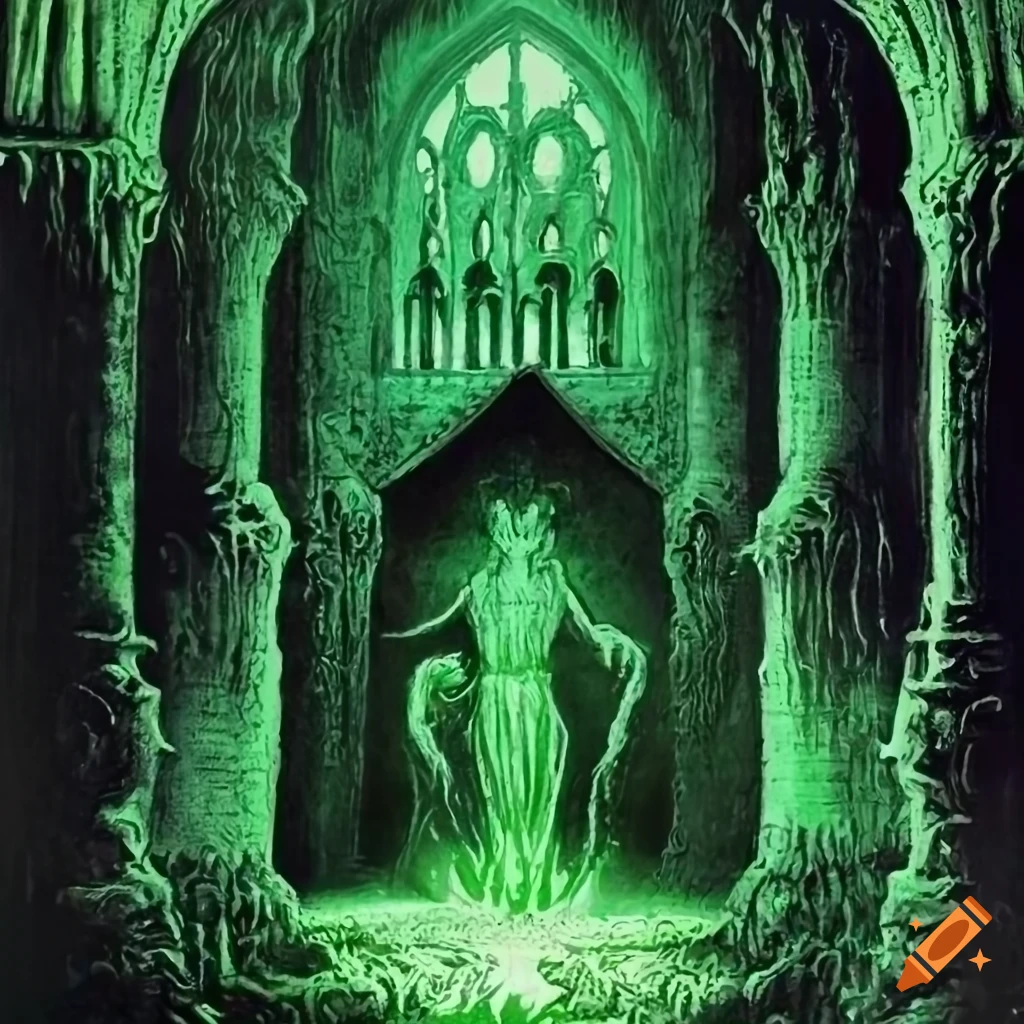 Sinister gothic book cover with dark 1970s fantasy art on Craiyon
