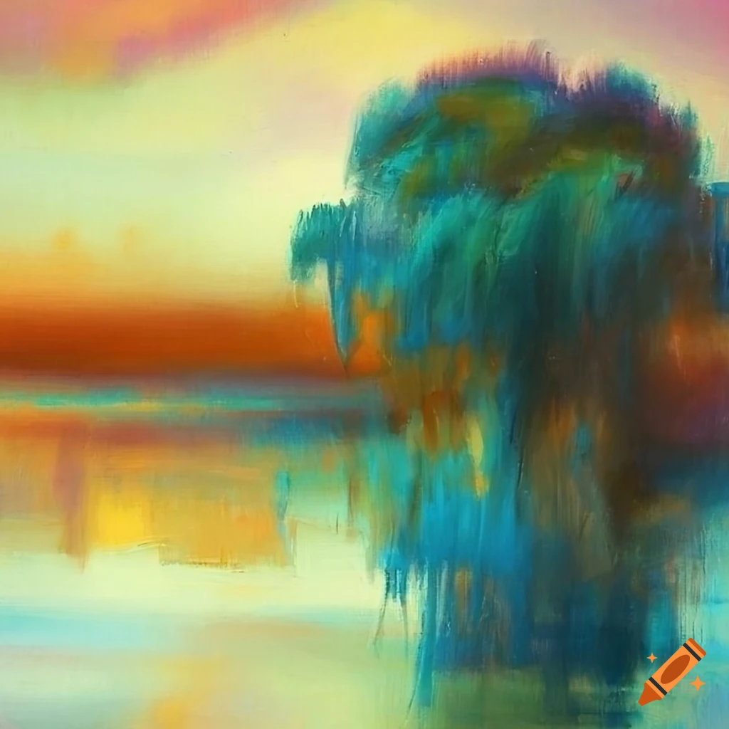 Abstract painting of a river and trees reflecting on the shore on Craiyon