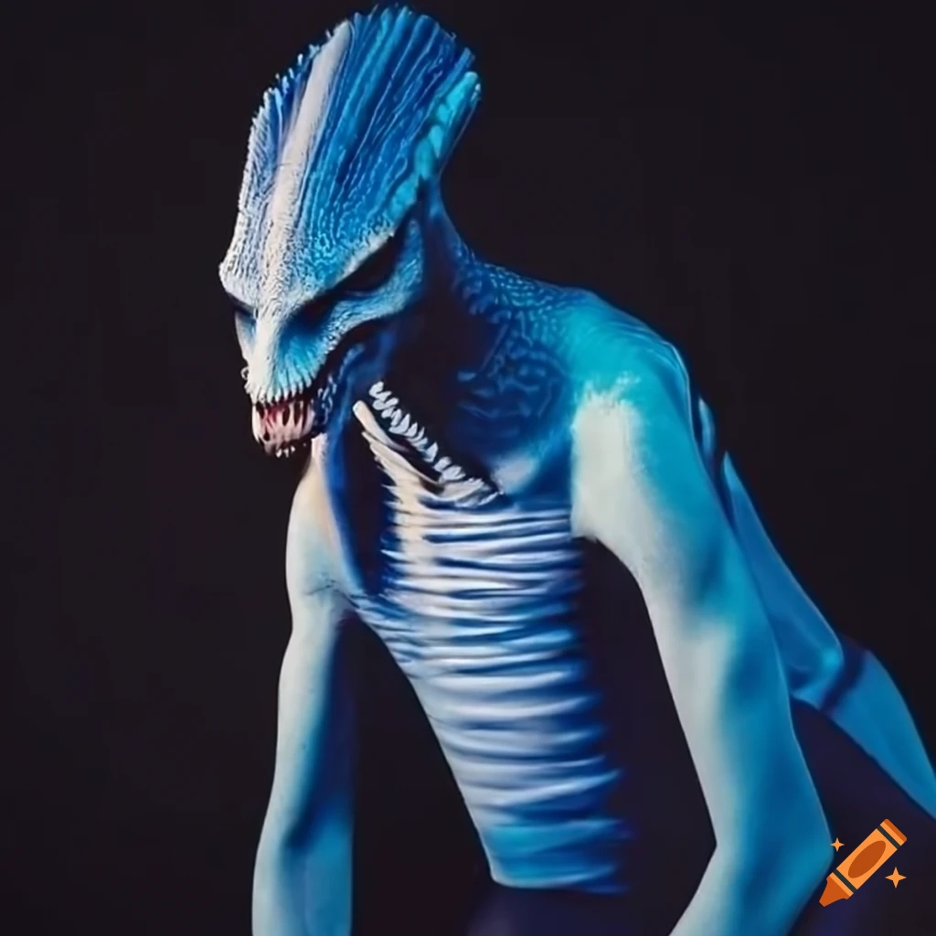 Blue striped four-armed alien dinosaur with spikes