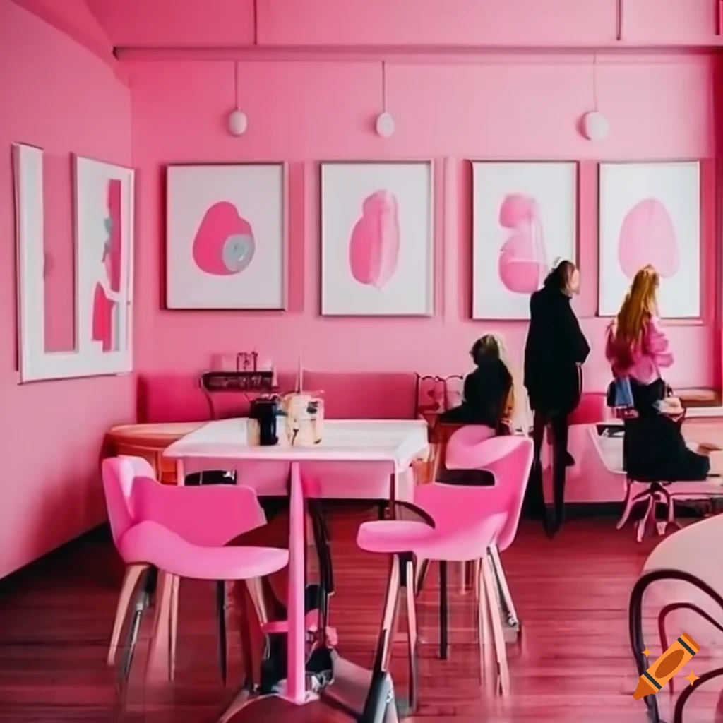Vibrant pink coffee shop interior with people sitting at tables on Craiyon