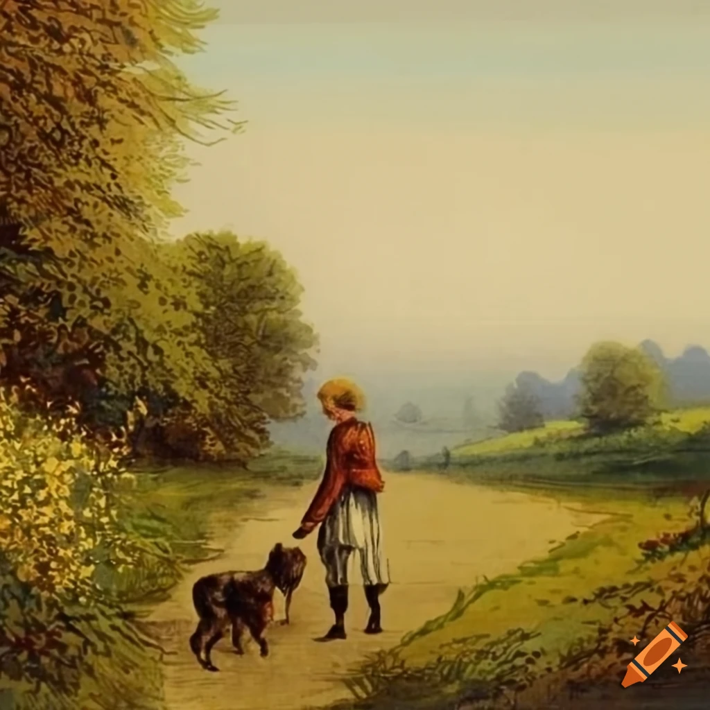 Vintage drawing of a person walking in the countryside with a dog on ...