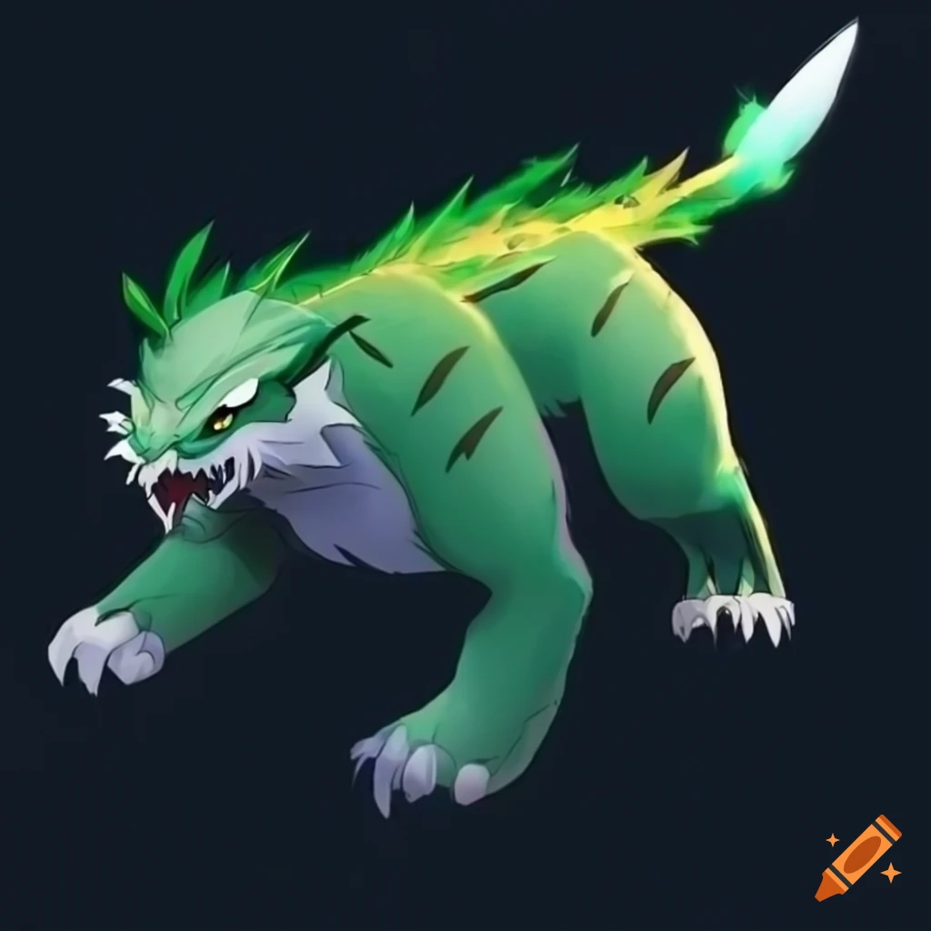 Pokémon with a fierce grass dragon saber tooth tiger appearance on Craiyon