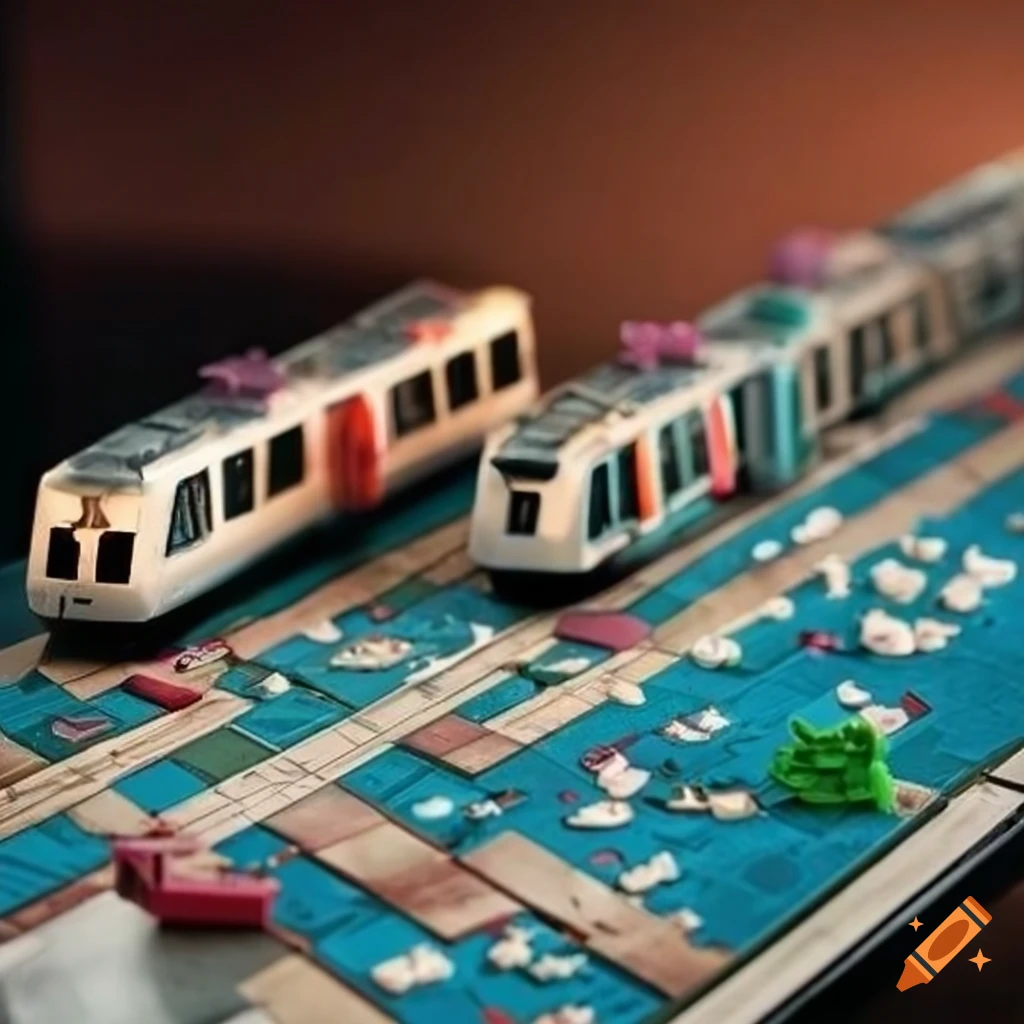 Tabletop game with miniature SkyTrain pieces on a detailed map on Craiyon