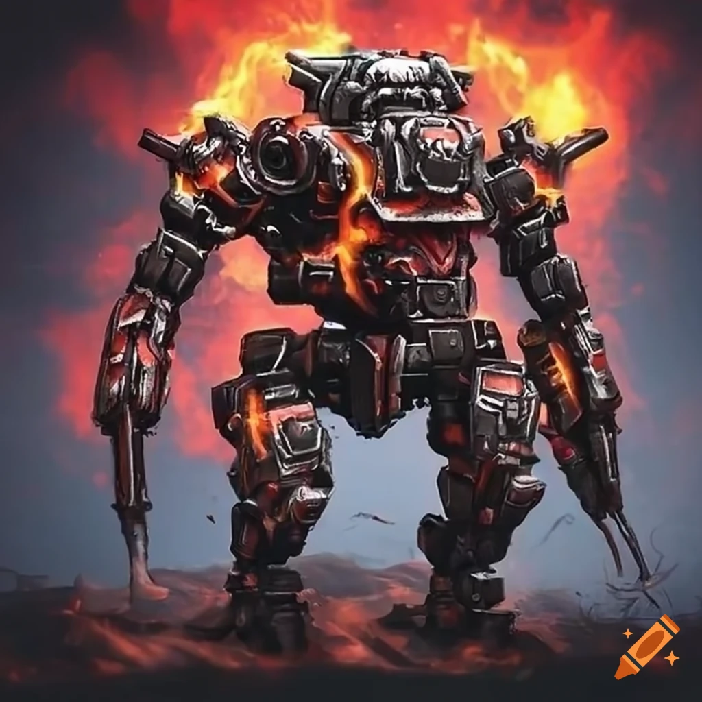 Image of a chaotic mech engulfed in flames on Craiyon