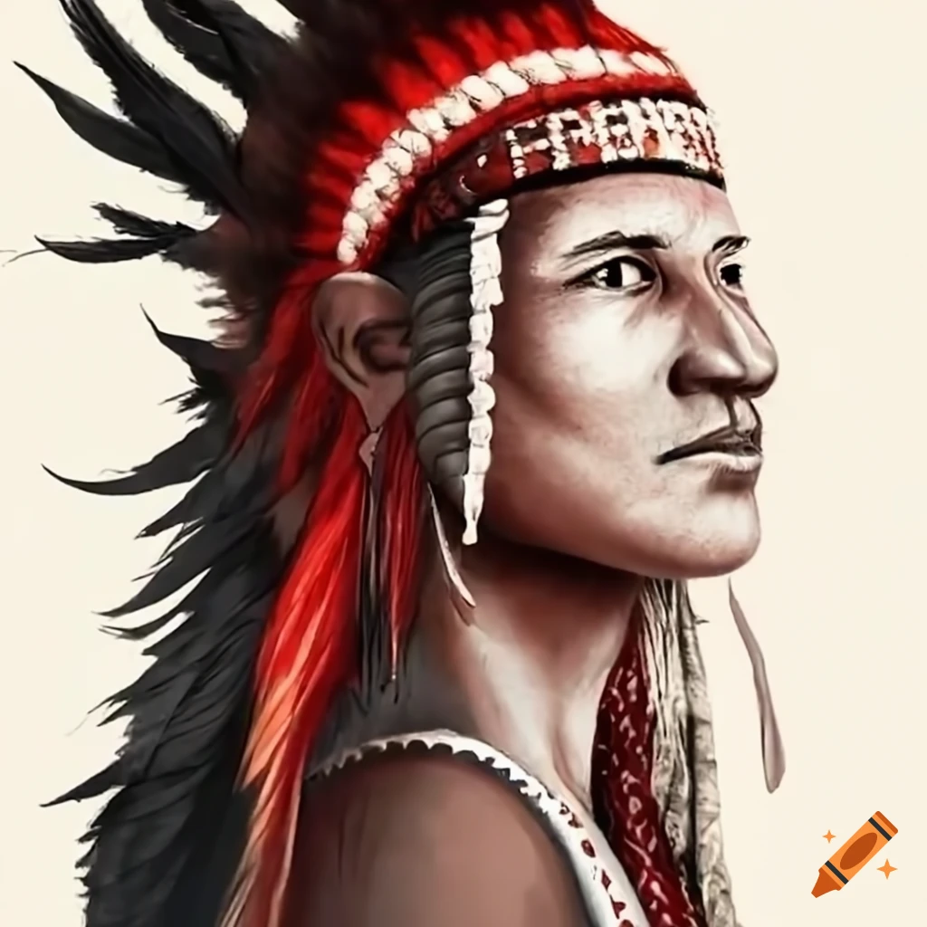 Portrait of a young Mescalero Apache with red hair and feathers on Craiyon
