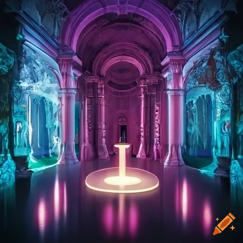 Immersive exhibit space with VR tools and holographic images on Craiyon