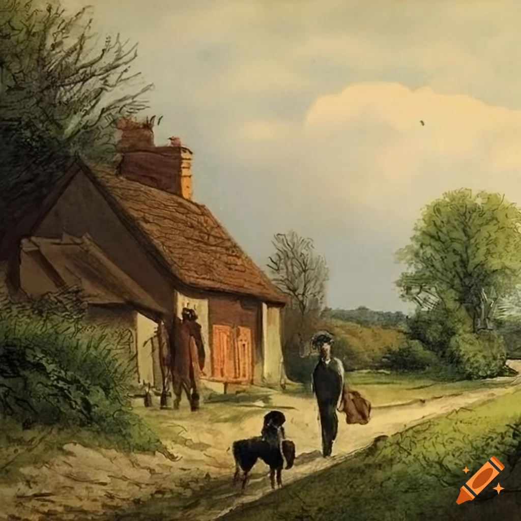 Vintage drawing of a person walking with a dog in the countryside on ...