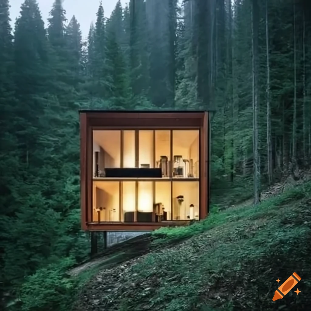 Hidden architecture in a mountain forest on Craiyon