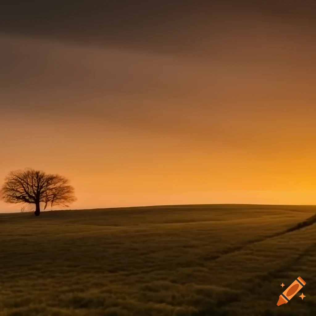 Sunset over a field with a lone tree in the distance on Craiyon