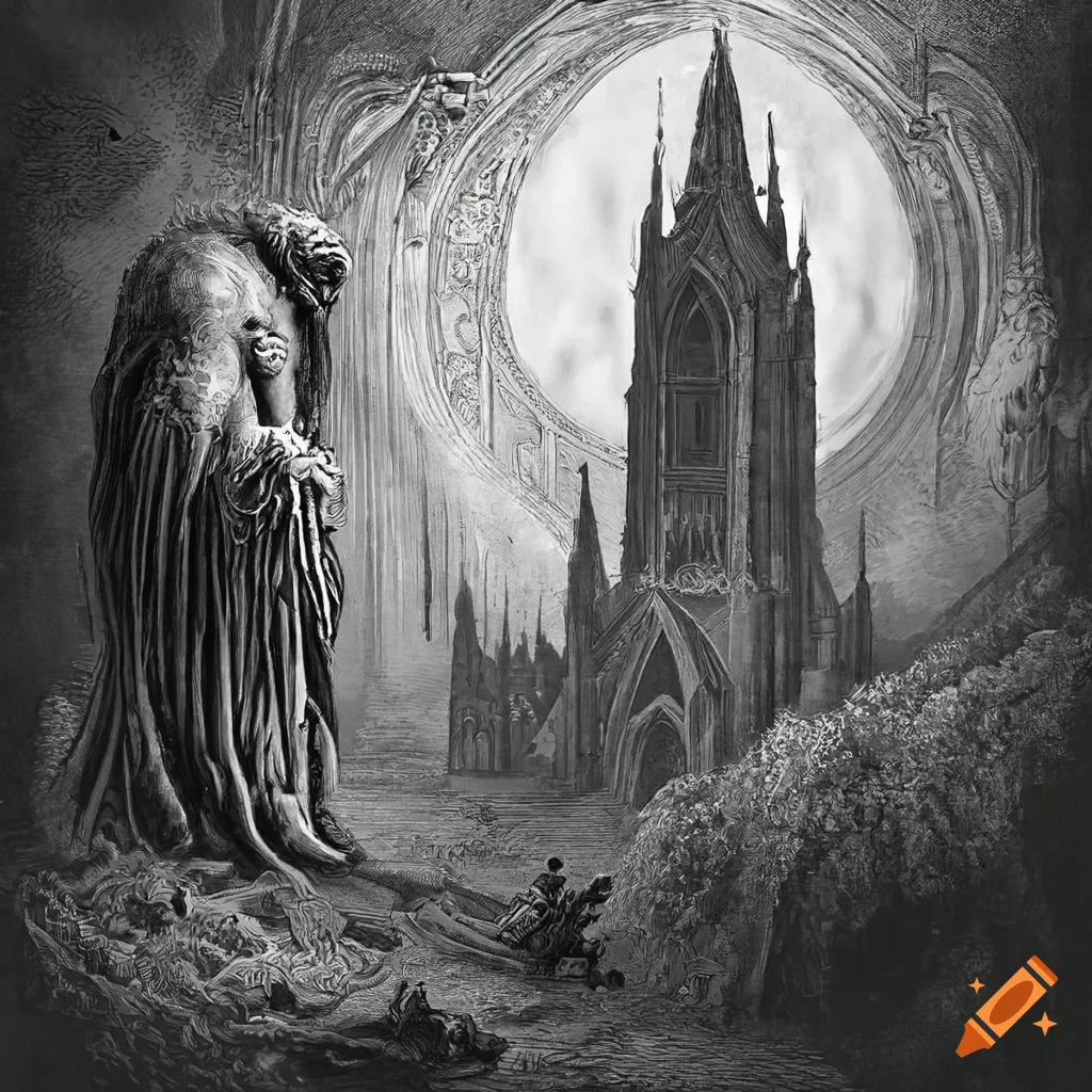 Surreal black and white art with tall giants and small dwarfs in a ...