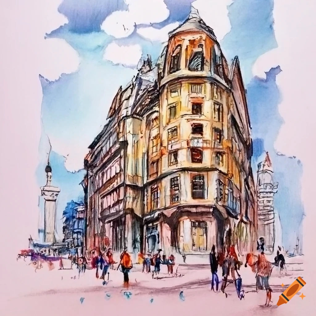 Sketch of buildings and people in pencil and colored pencil on Craiyon