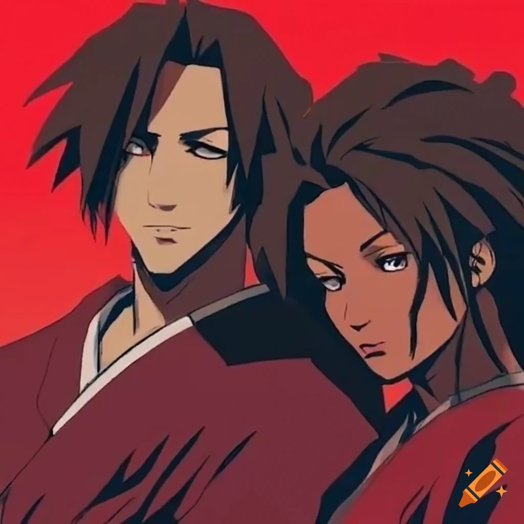 Art of mugen from samurai champloo hugging a woman on Craiyon