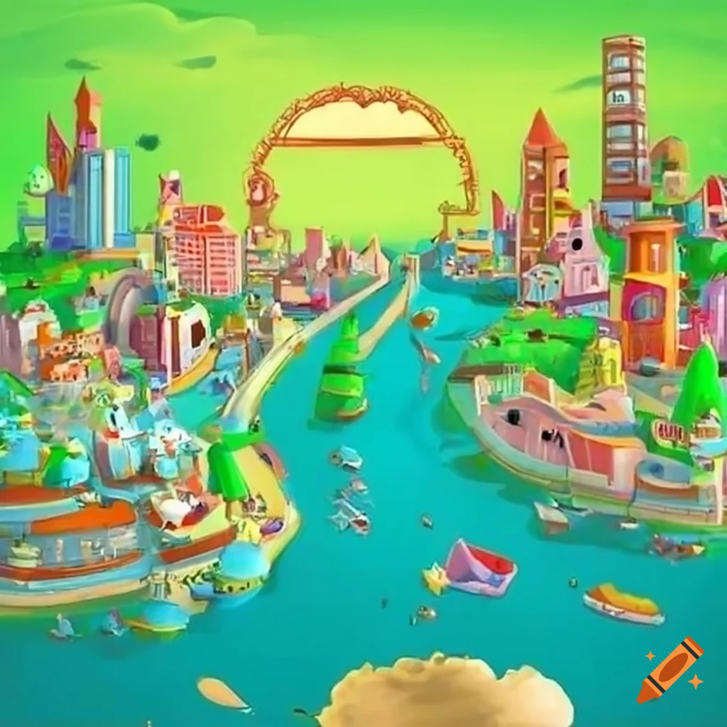 Aerial view of a wacky cartoon city on Craiyon