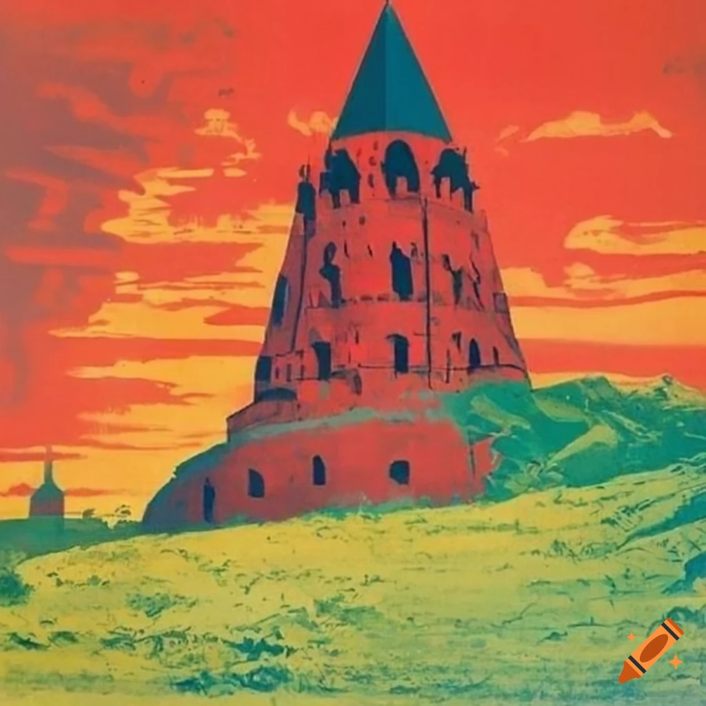 Red, green, and yellow propaganda poster of Gediminas Tower on Craiyon