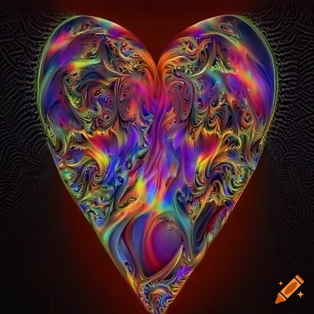 Metallic fractal heart with psychedelic flames