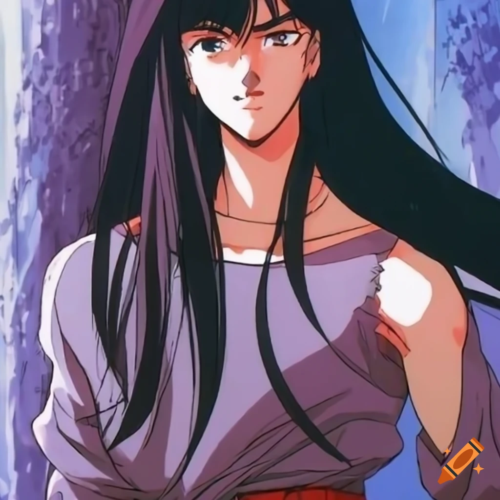 Illustration of a handsome boy with long black hair in vintage anime ...