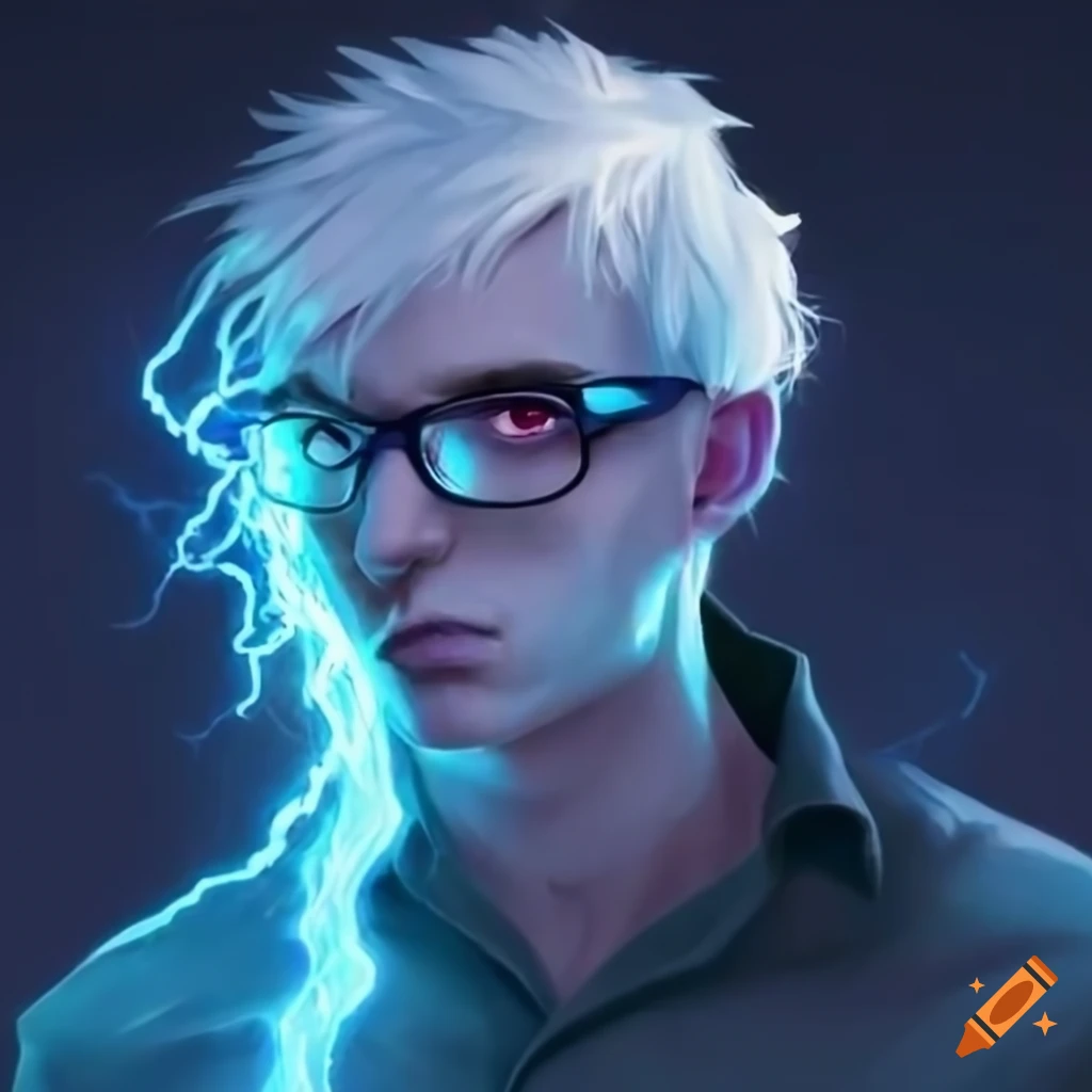 Artwork of a lightning elemental man with white hair and glasses on Craiyon