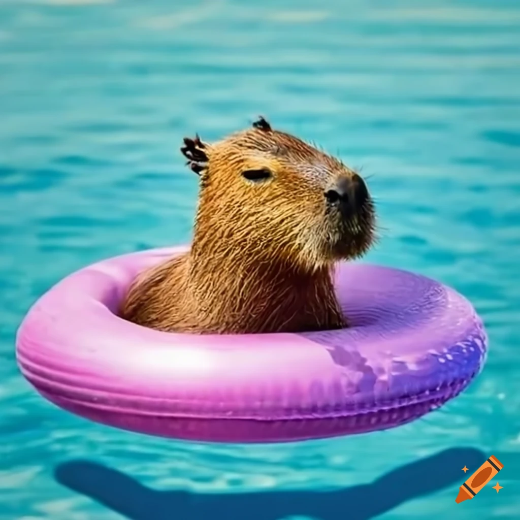 Capybara relaxing on a pool float with a cocktail on Craiyon