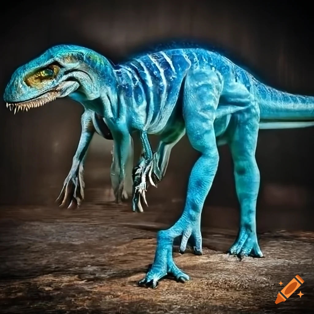 Concept art of a four-armed alien dinosaur with cyan stripes and spikes ...
