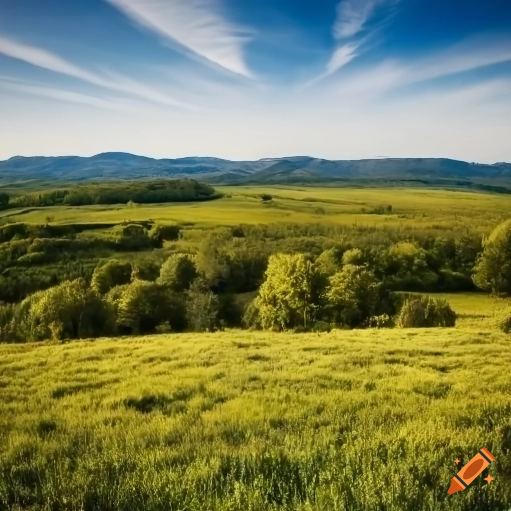 View of rolling hills and forest landscape from above on Craiyon