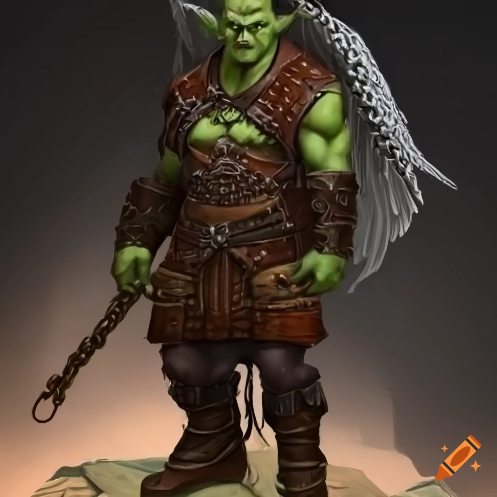 Portrait of a half-orc warrior with chains and wings on Craiyon