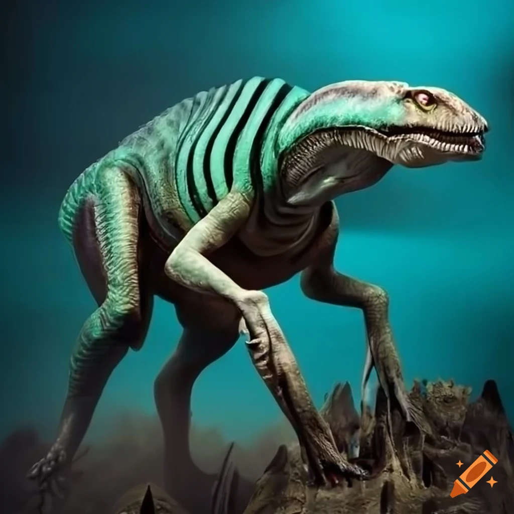 Concept art of a four-armed alien dinosaur with cyan stripes and spikes ...