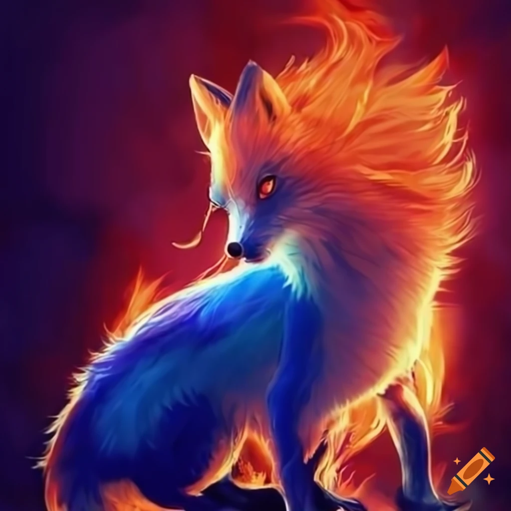 Blue flames engulfing a fox with nine tails on Craiyon